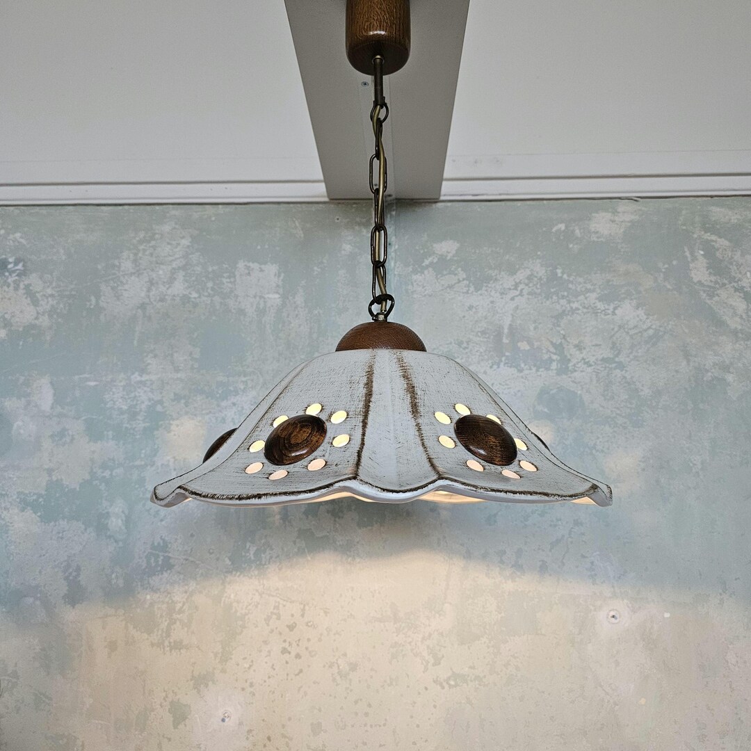 Vintage Scalloped Pendant Light Ceramic With Wood Accents / 1980s Wavy ...