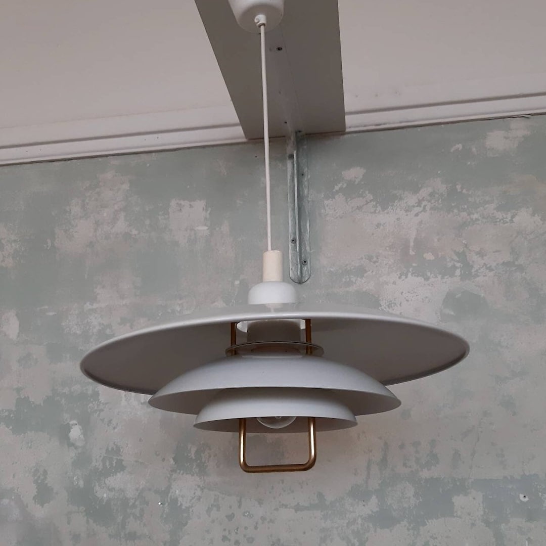 Danish Ceiling Light / 70s Pendant Lamp / White Metal With Brass ...