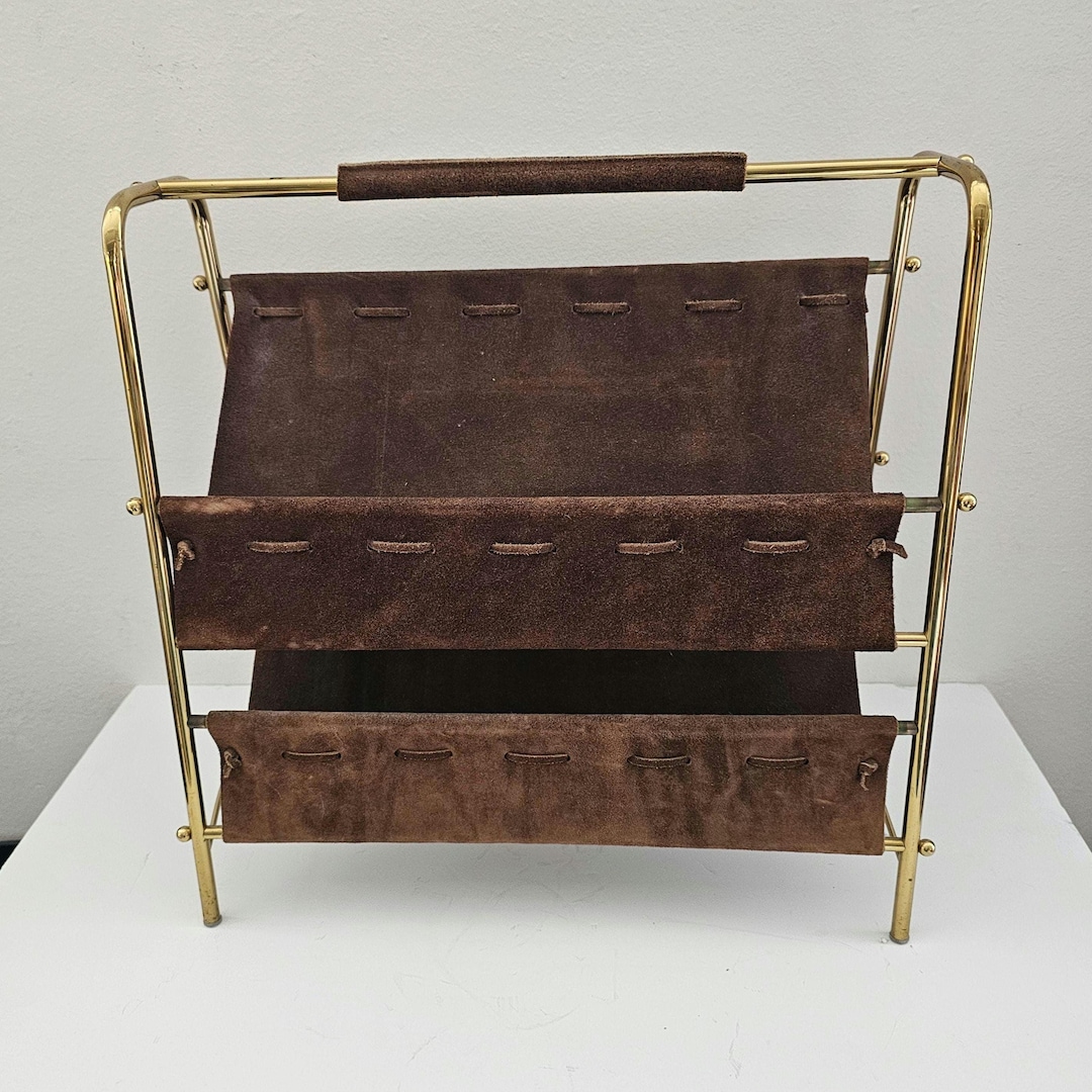 Mid Century Modern Magazine Rack / Brass / Leather / Newspaper Magazine ...