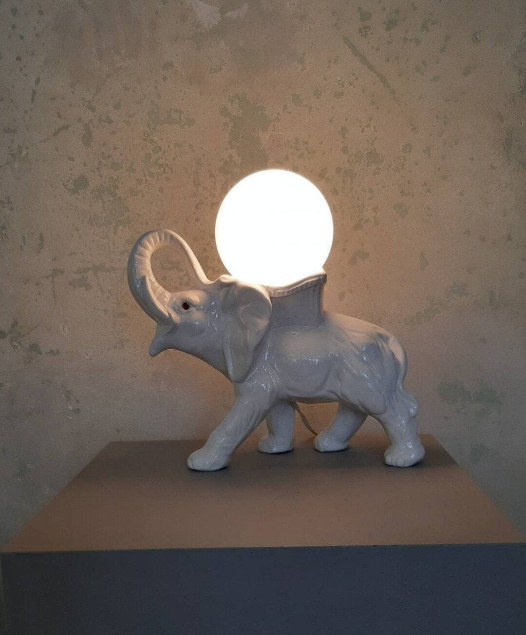 Vintage White Elephant Lamp With a Milk Glass Globe / Retro Ceramic ...