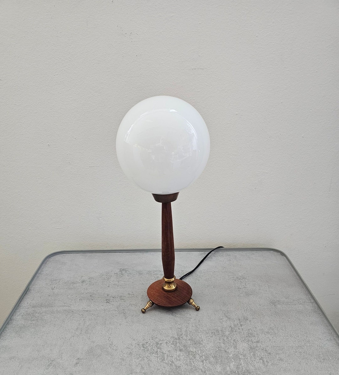 Vintage Teak Gass Table Lamp Brass Tripod / Dutch Design / Philips ...