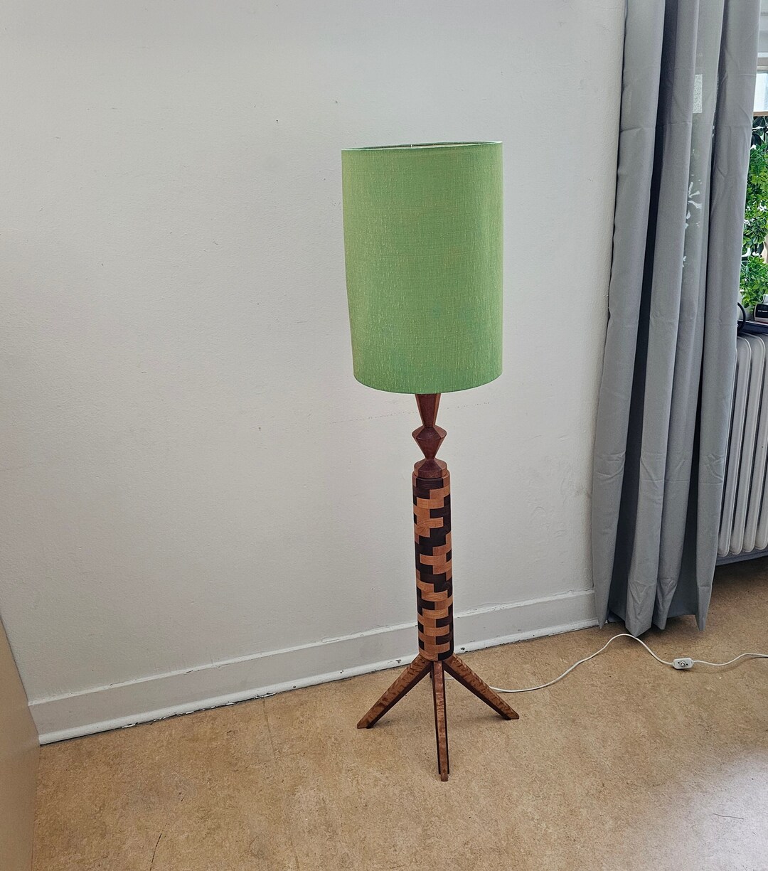 MCM Floor Lamp With Green Silk Lampshade / Teak Wooden Standing Lamp - Etsy