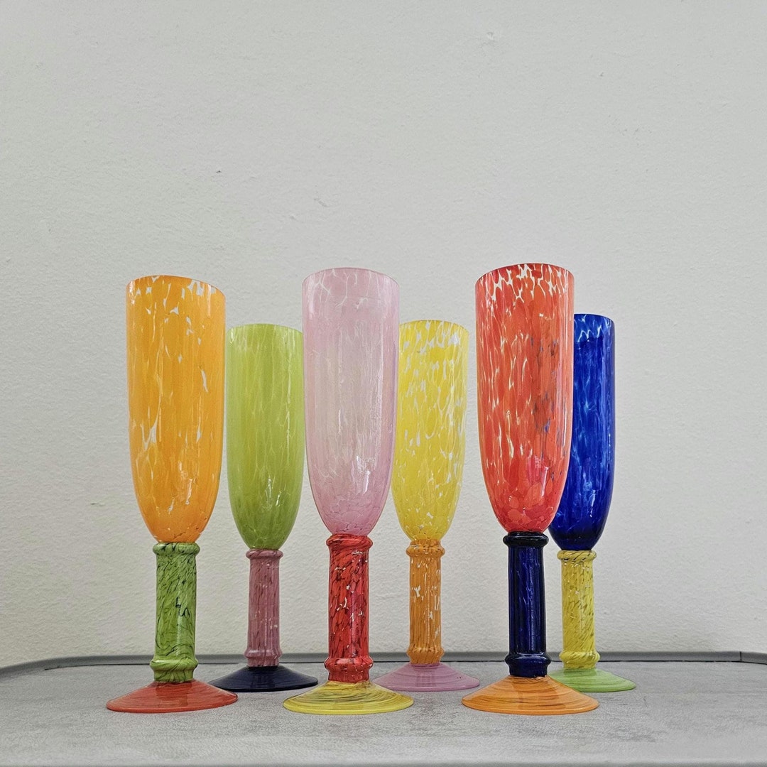 6 X Blown Multi Colored Mottled Champagne Flutes / Cocktail Glasses ...