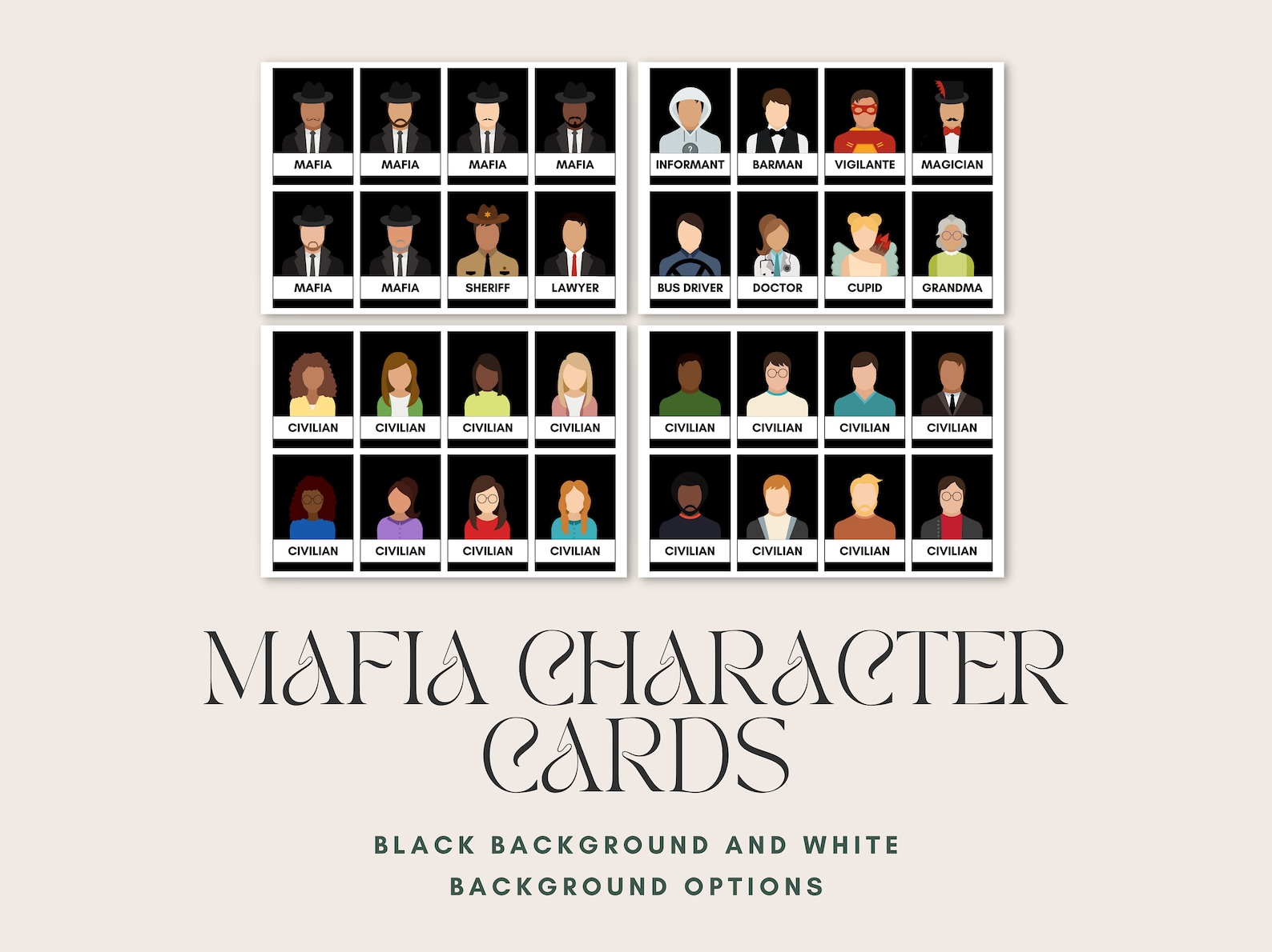 32x Printable Mafia Game Character Cards - Etsy