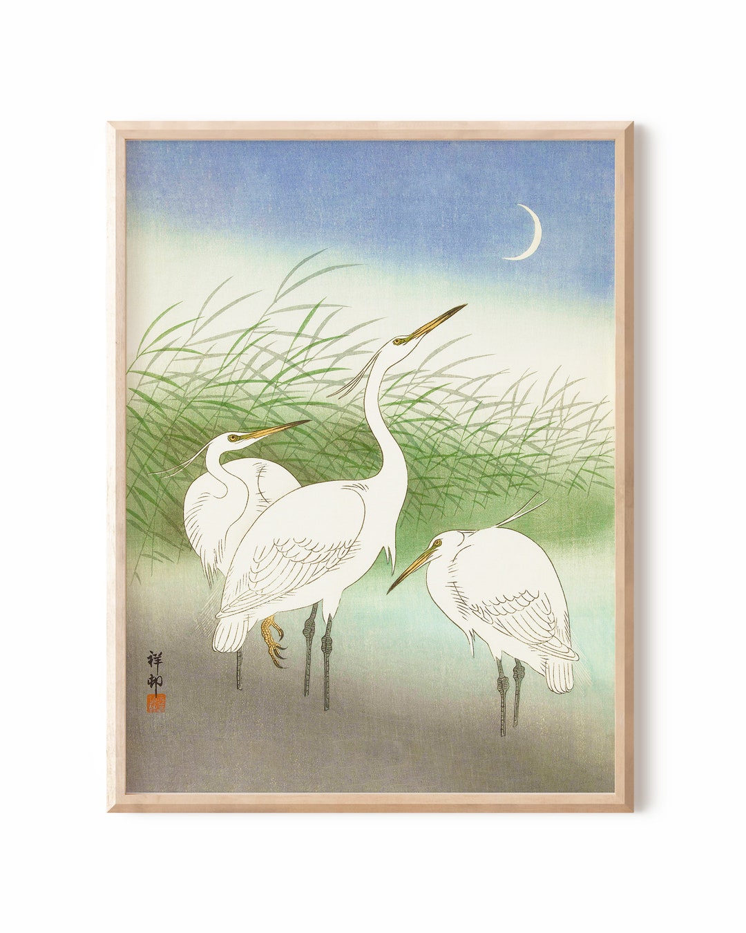 Japanese Bird Art Ukiyo-e Print, Japanese Art Herons in Shallow Water ...