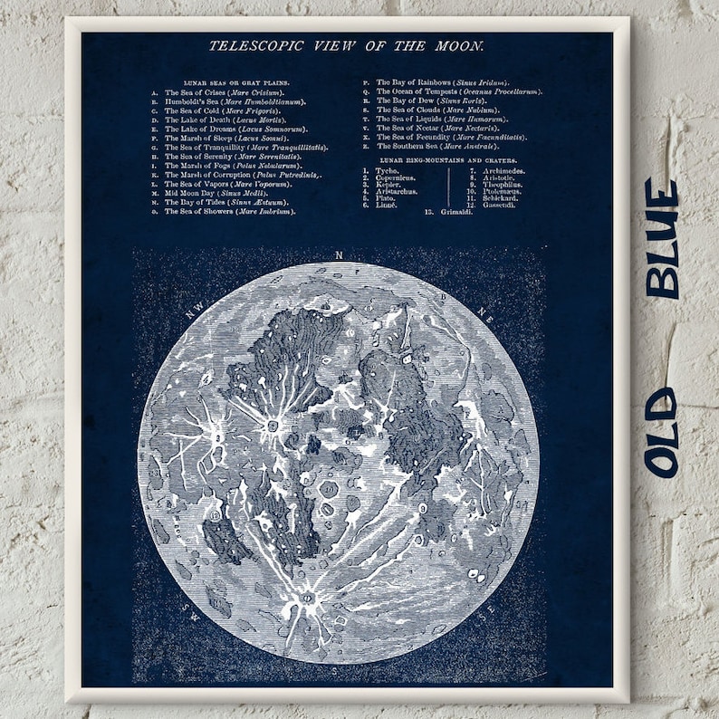 Full Moon Map Lunar Astronomy Wall Art Print Geography Moon - Etsy