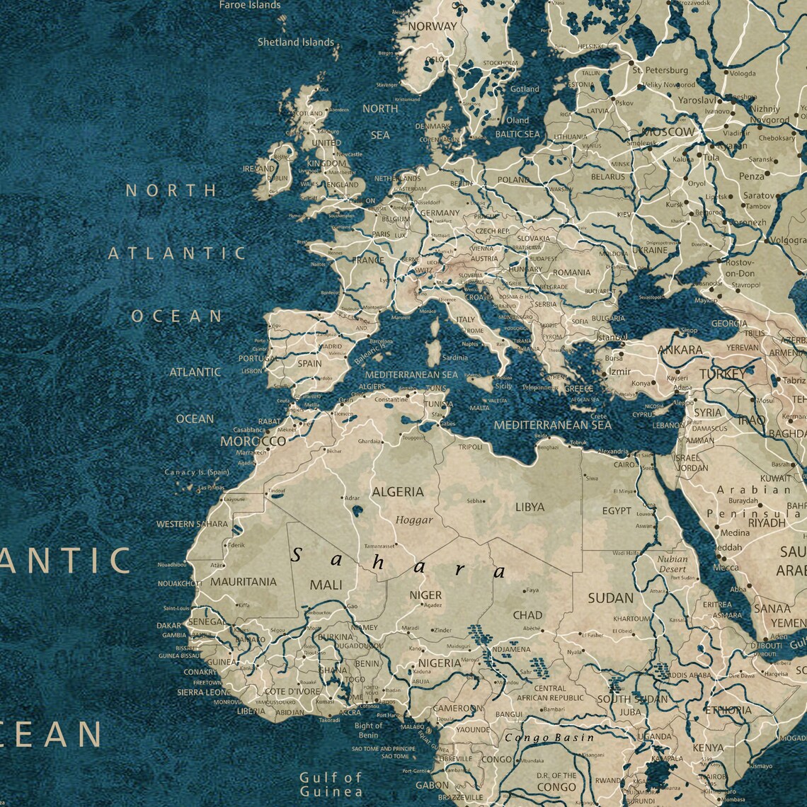 Vintage Style Large World Map Wall Art Print World Travel | Etsy