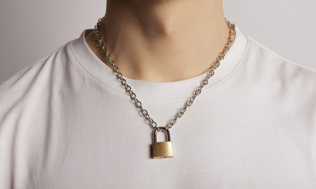 Chain Necklace Chunky Curb Chain Steel Padlock Chain Steel Padlock ...