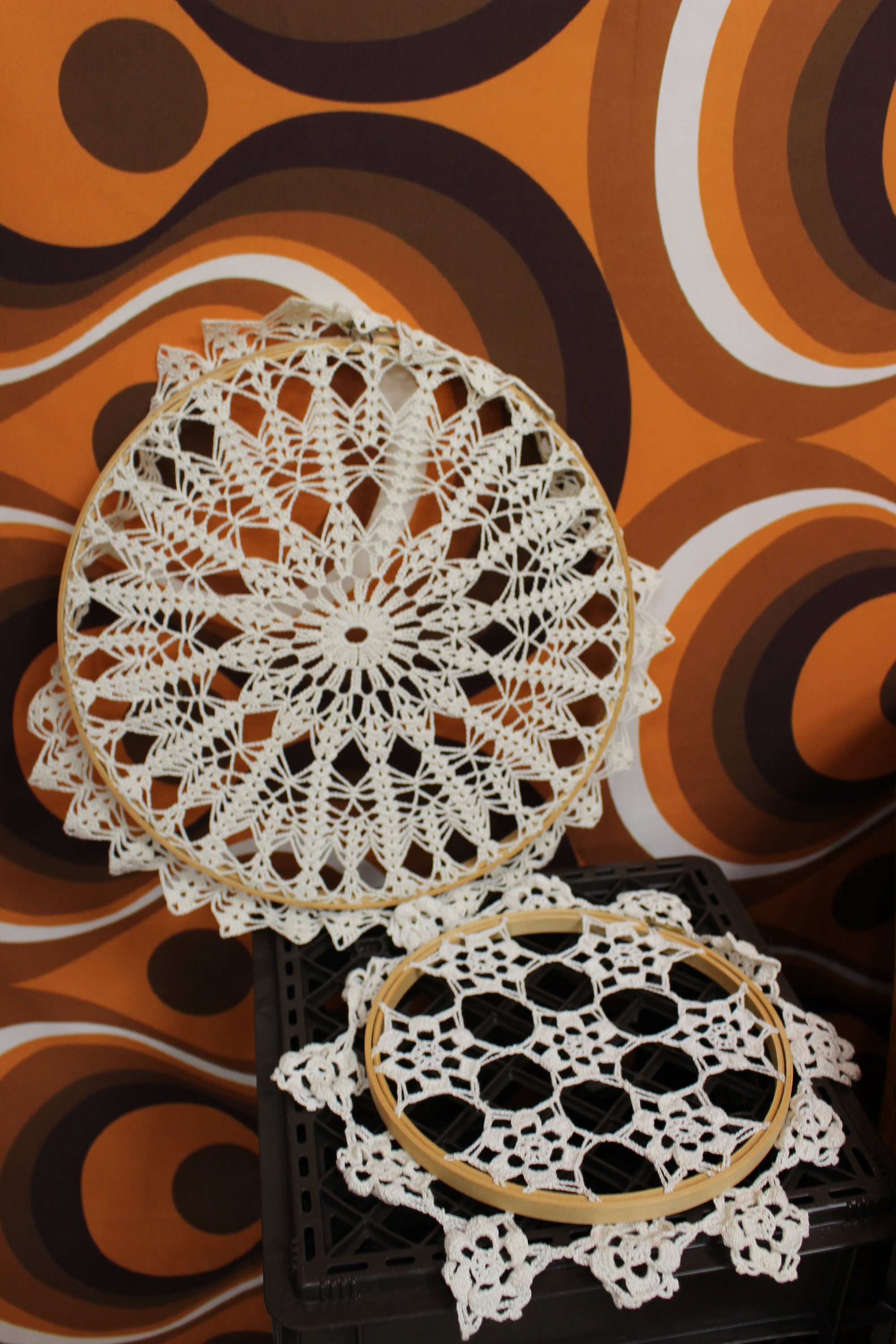 Vintage Pair of Crochet Doilie Hoops | Boho Shabby Chic Wall Decor ...