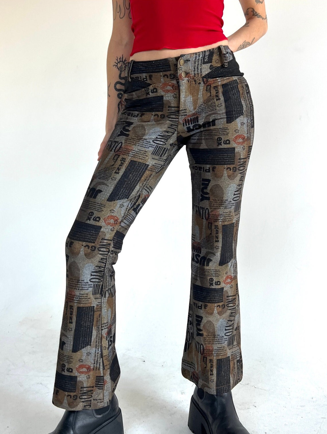 Metallic Newspaper Print Pants - Etsy