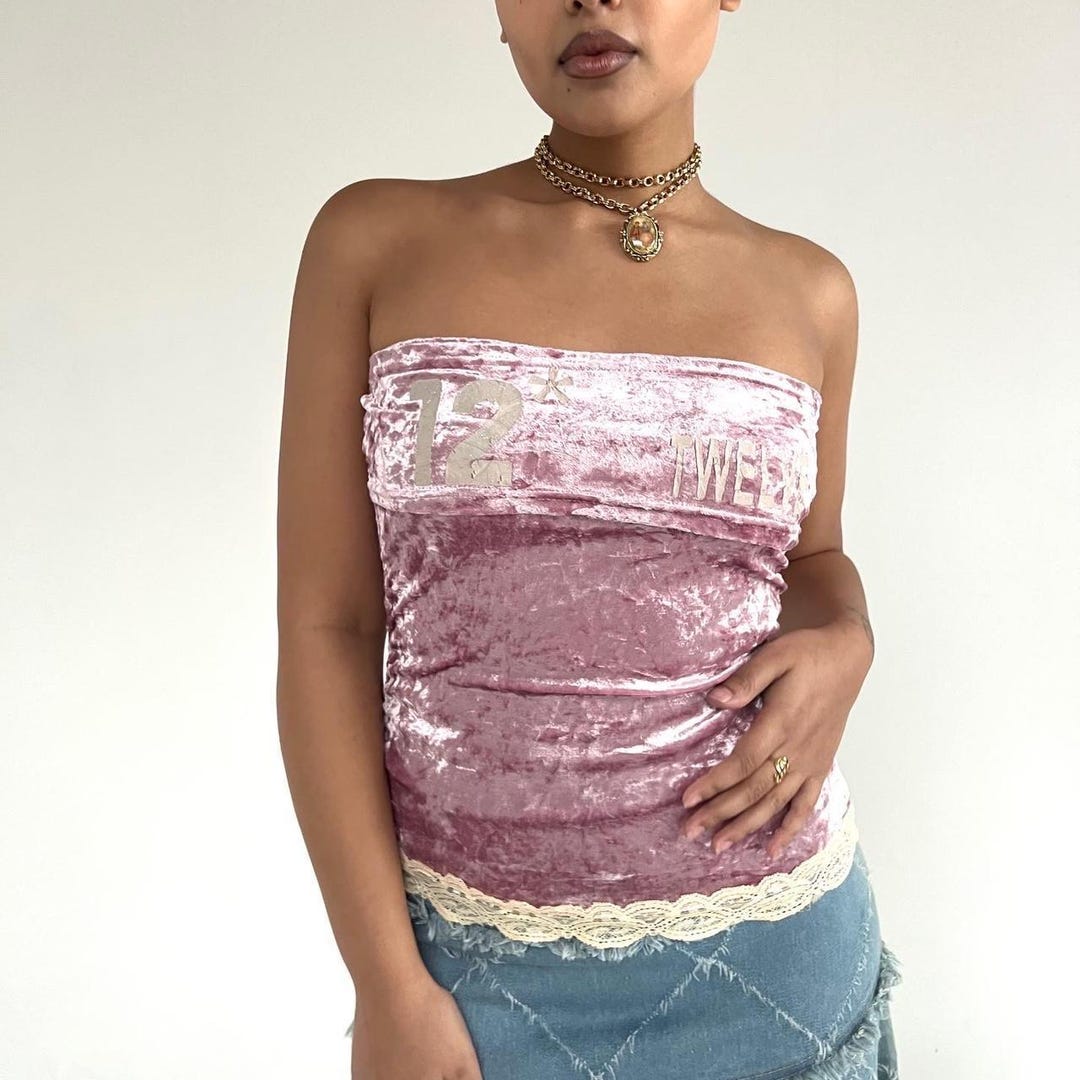 Vintage 2000s Y2K Strapless Baby Pink Crushed Velvet Tube Top With Lace ...