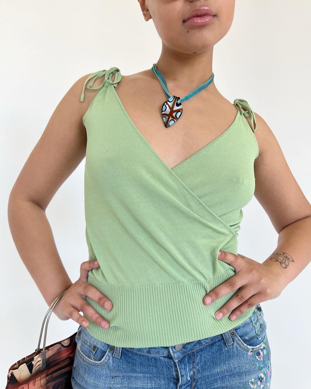 Y2k Knit 2000’s Green Cross Over Cami Top Singlet - Etsy
