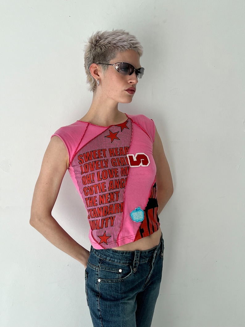 2000s Vintage Baby Tee Pink Printed Capp Sleeve Tee, Red Outside Stitch ...
