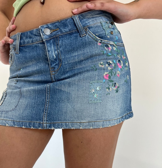 2000s Y2k Denim Low Rise Mini Skirt With Embroidery D… Gem