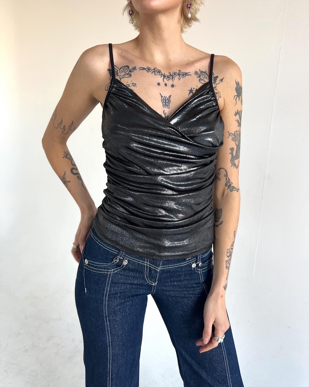 90s Y2k Shimmery Black Sparkle Wrap Spaghetti Strap Top - Etsy