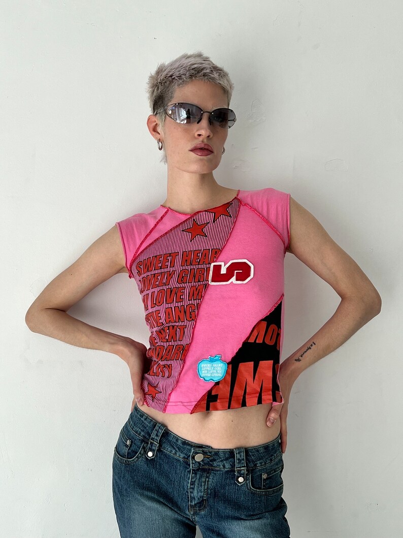 2000s Vintage Baby Tee Pink Printed Capp Sleeve Tee, Red Outside Stitch ...