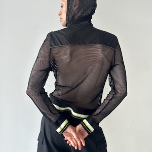 2000s Vintage Black Netted Long Sleeve Jacket With Hood and Neon Green ...