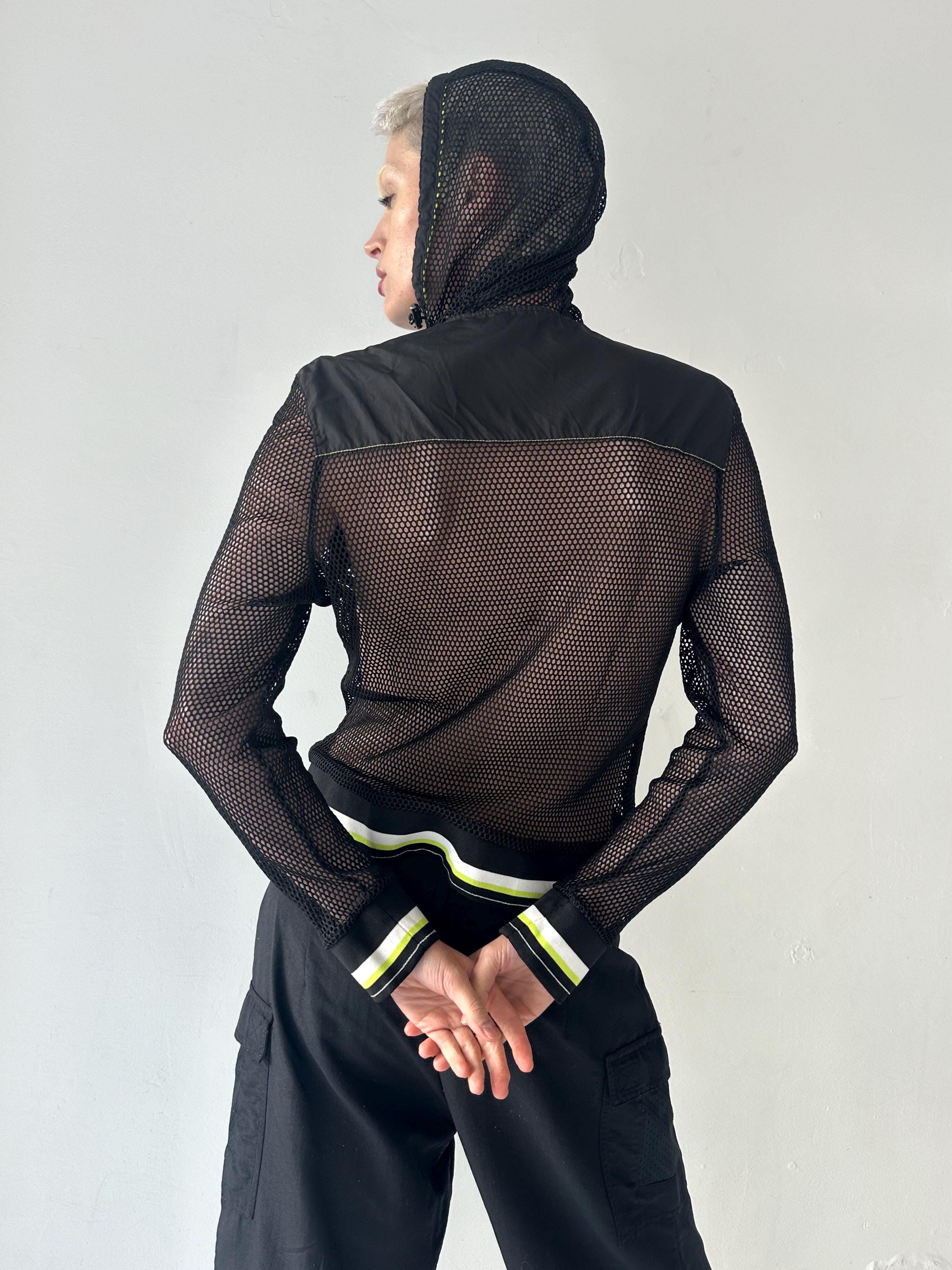 2000s Vintage Black Netted Long Sleeve Jacket With Hood and Neon Green ...