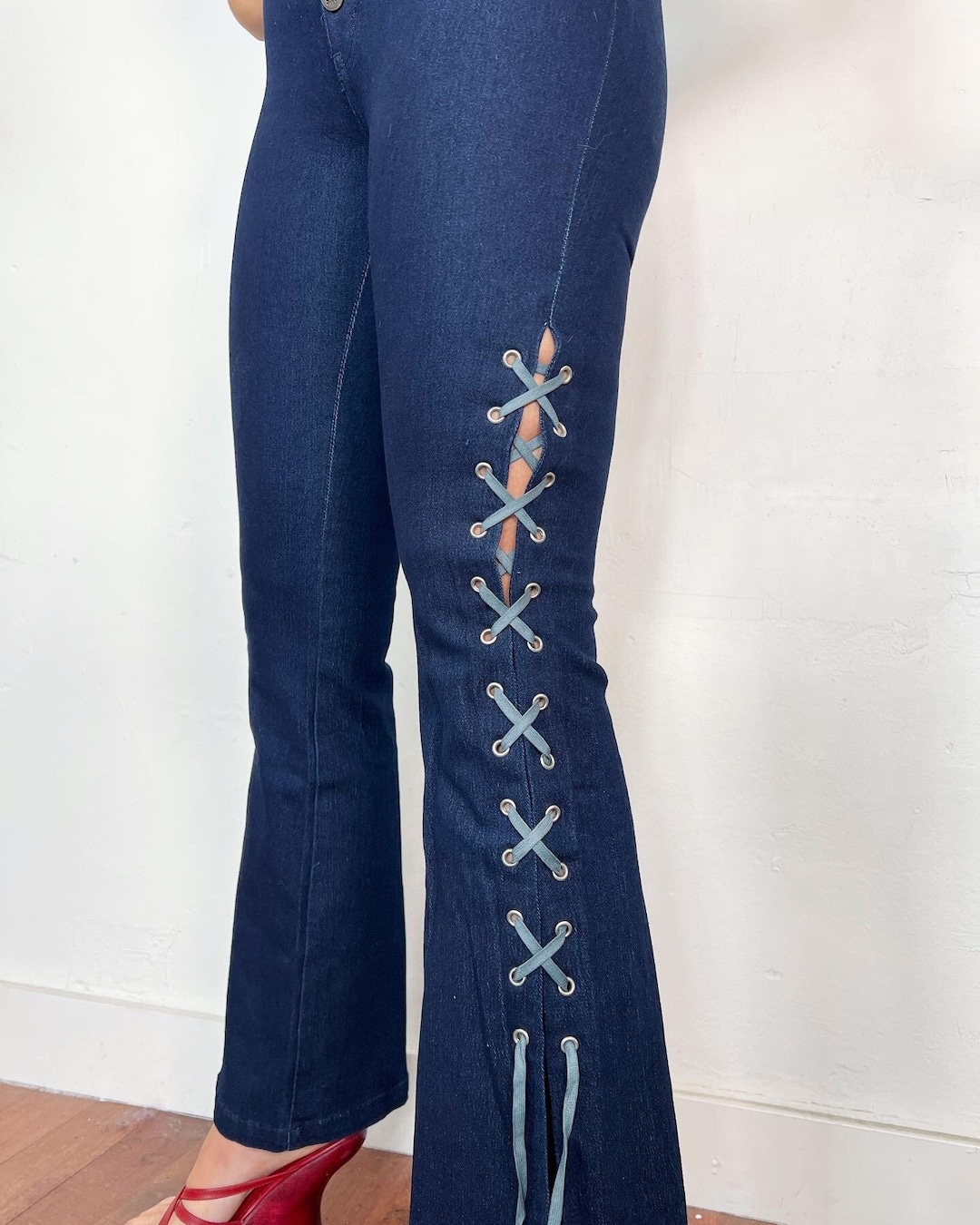 Dark Denim Lace up Jeans - Etsy