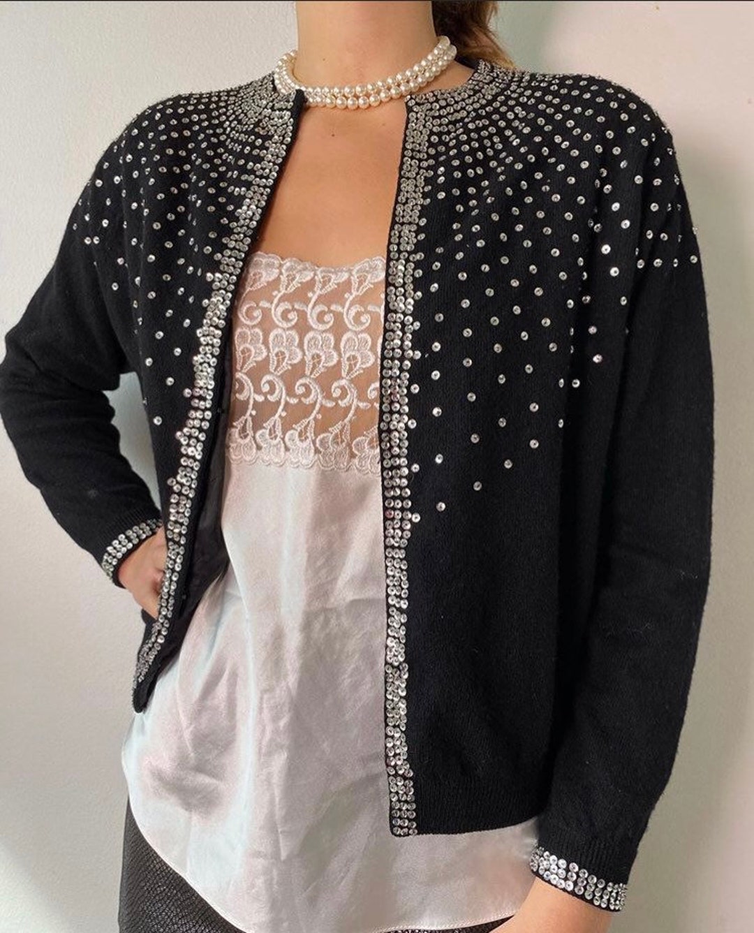 Black Angora Wool Cardigan With Silver Sequin - Etsy Denmark
