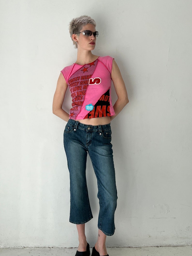2000s Vintage Baby Tee Pink Printed Capp Sleeve Tee, Red Outside Stitch ...
