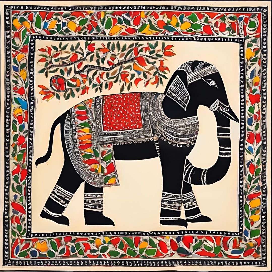 Madhubani Digital Wall Art Elephant Animal Folk Art Indian Home Decor ...