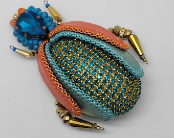 Swarovski Beetle Brooch, Beaded Blue Beetle, Statement Insect Brooch ...