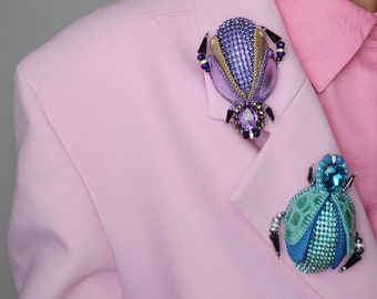 Swarovski Beetle Brooch, Beaded Blue Beetle, Statement Insect Brooch ...