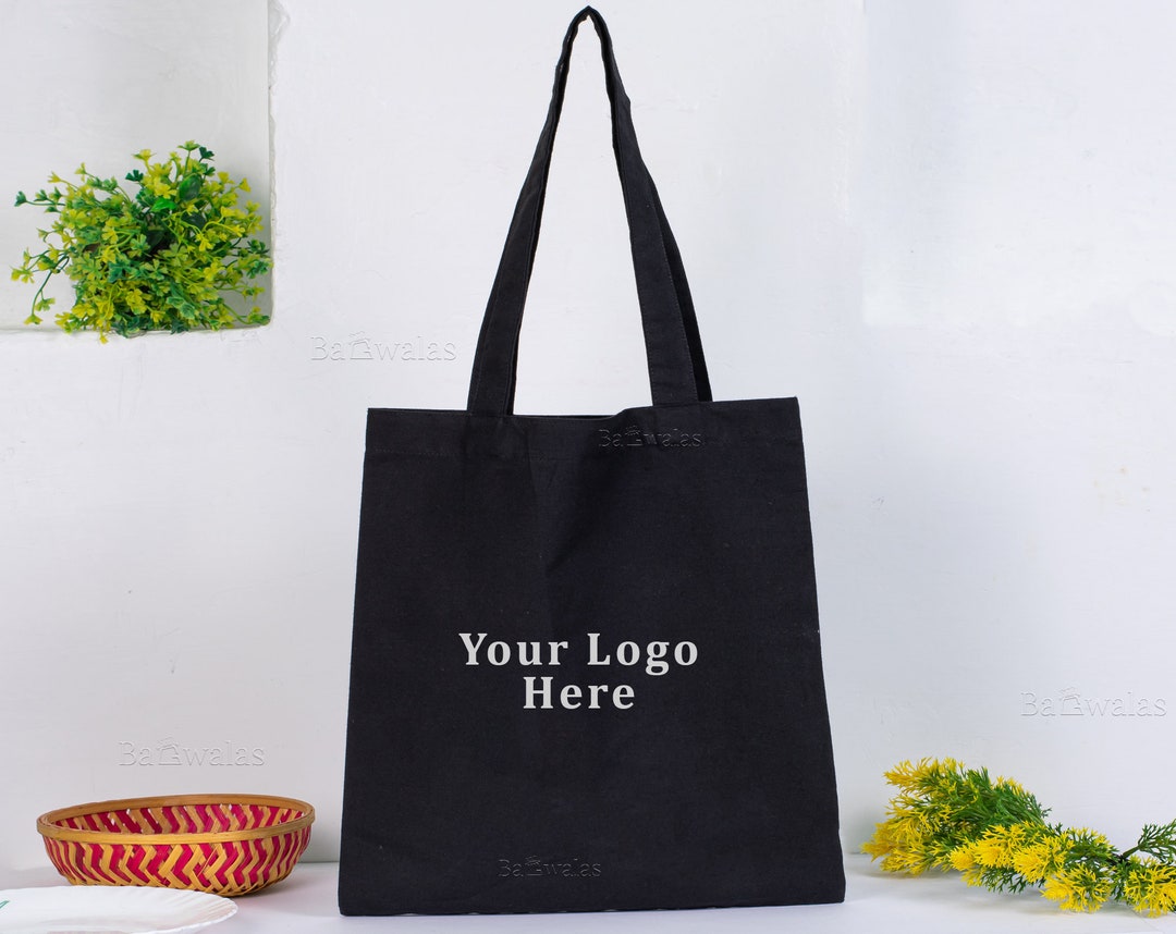 25 Black Shopping Bag With Logo, Cotton Tote Bag Personalized Logo ...