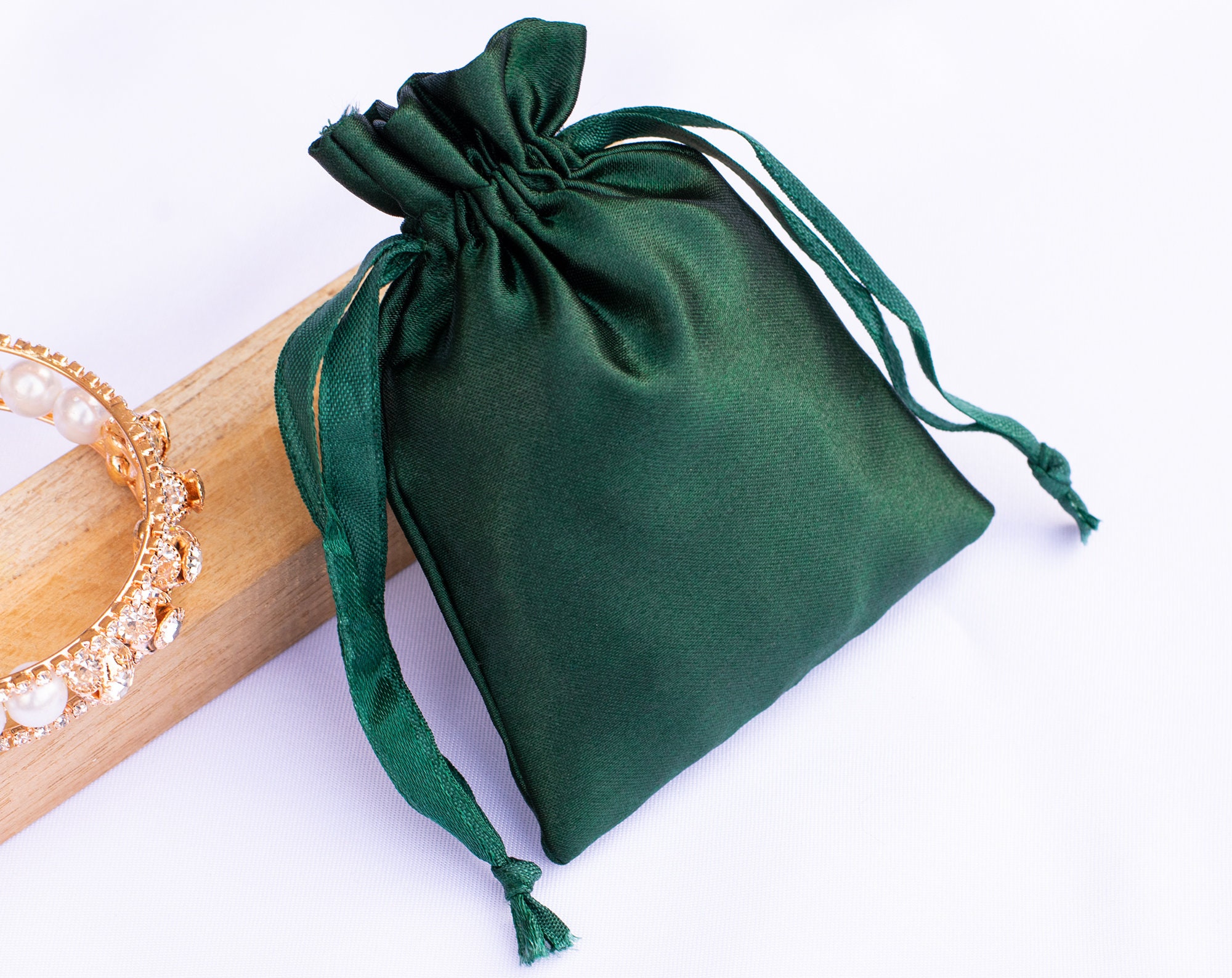 100 Green Satin Drawstring Custom Jewelry Packaging Pouch Personalized ...