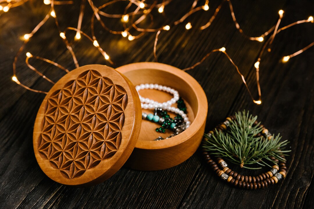 Hand Carved Wooden Stash Box With Celtic Ornament Flower of Life Viking ...