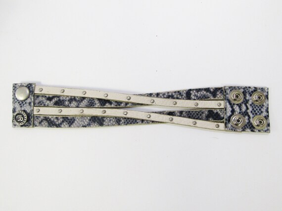 Leather Cuff With Cross Hatch Snake Skin Design - Gem