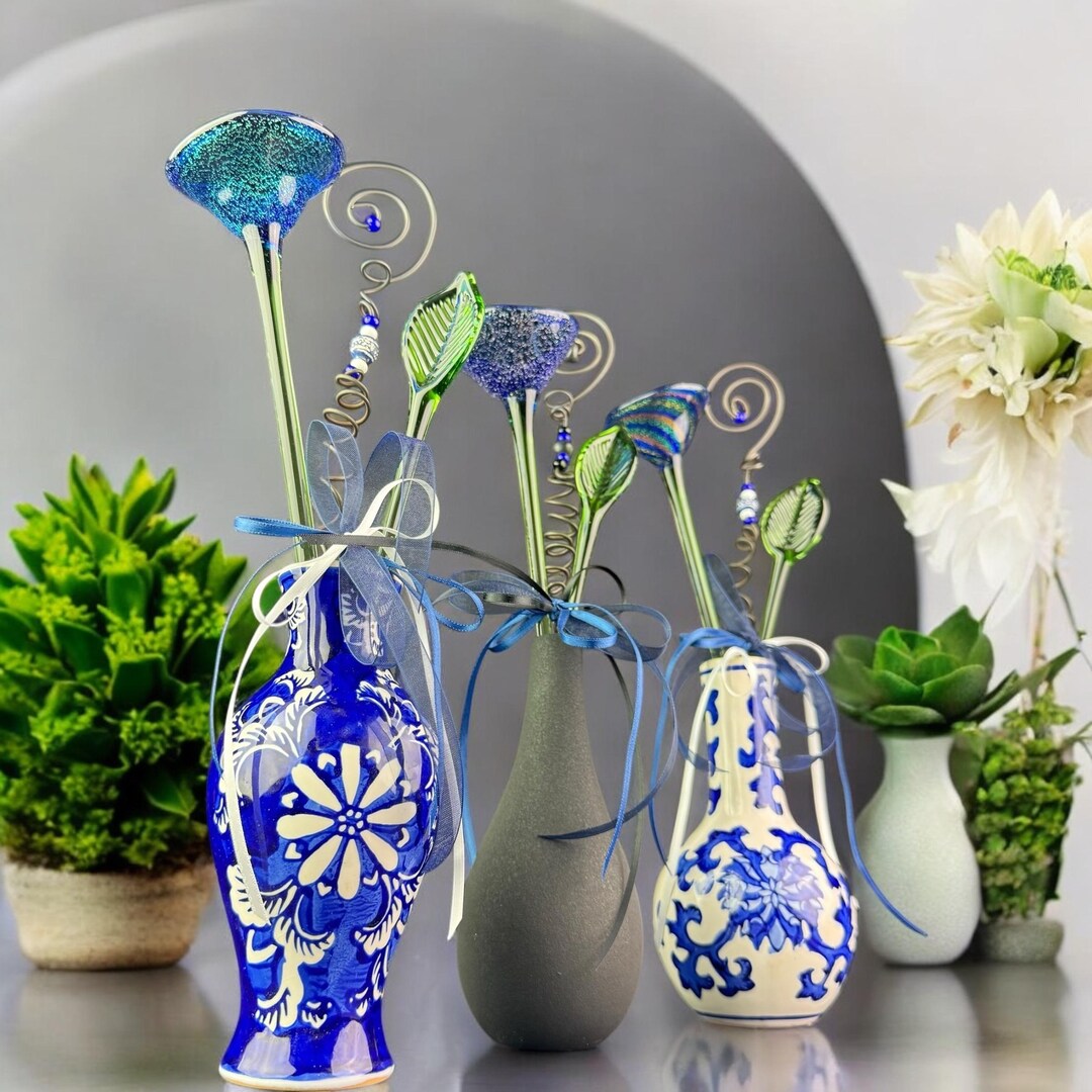 Blown Glass Flower Sculpture, Glass Flower in Ceramic Vase, Glass ...