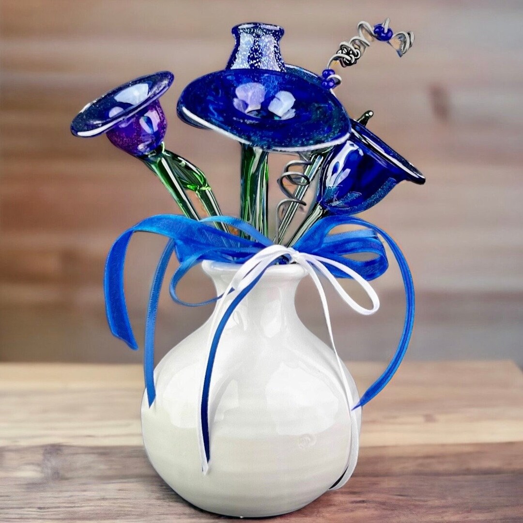 Glass Flower Arrangement Gift in Stunning Cobalt With a White Ceramic ...