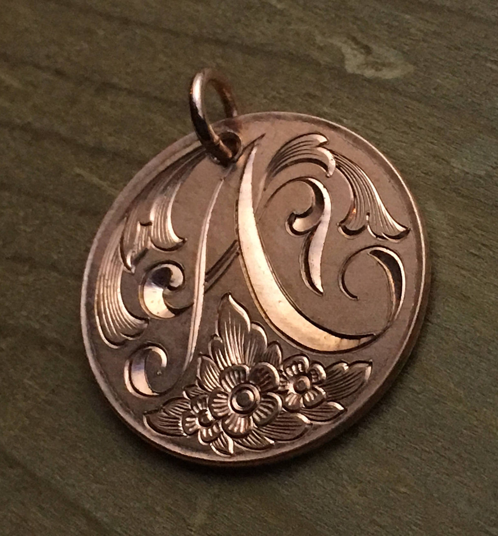 Hand Engraved a Initial Flowing Scroll and Flower Design Copper Pendant ...