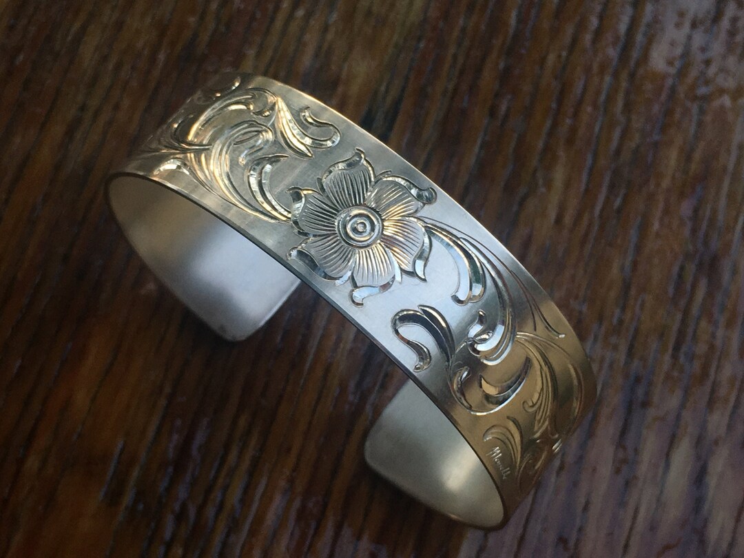 Hand Engraved "western Bright-cut" Sterling Silver Flower Large Cuff ...