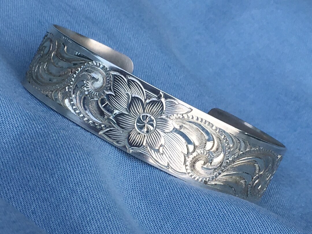 Hand Engraved "western Bright-cut" Sterling Silver Flower Cuff Bracelet ...