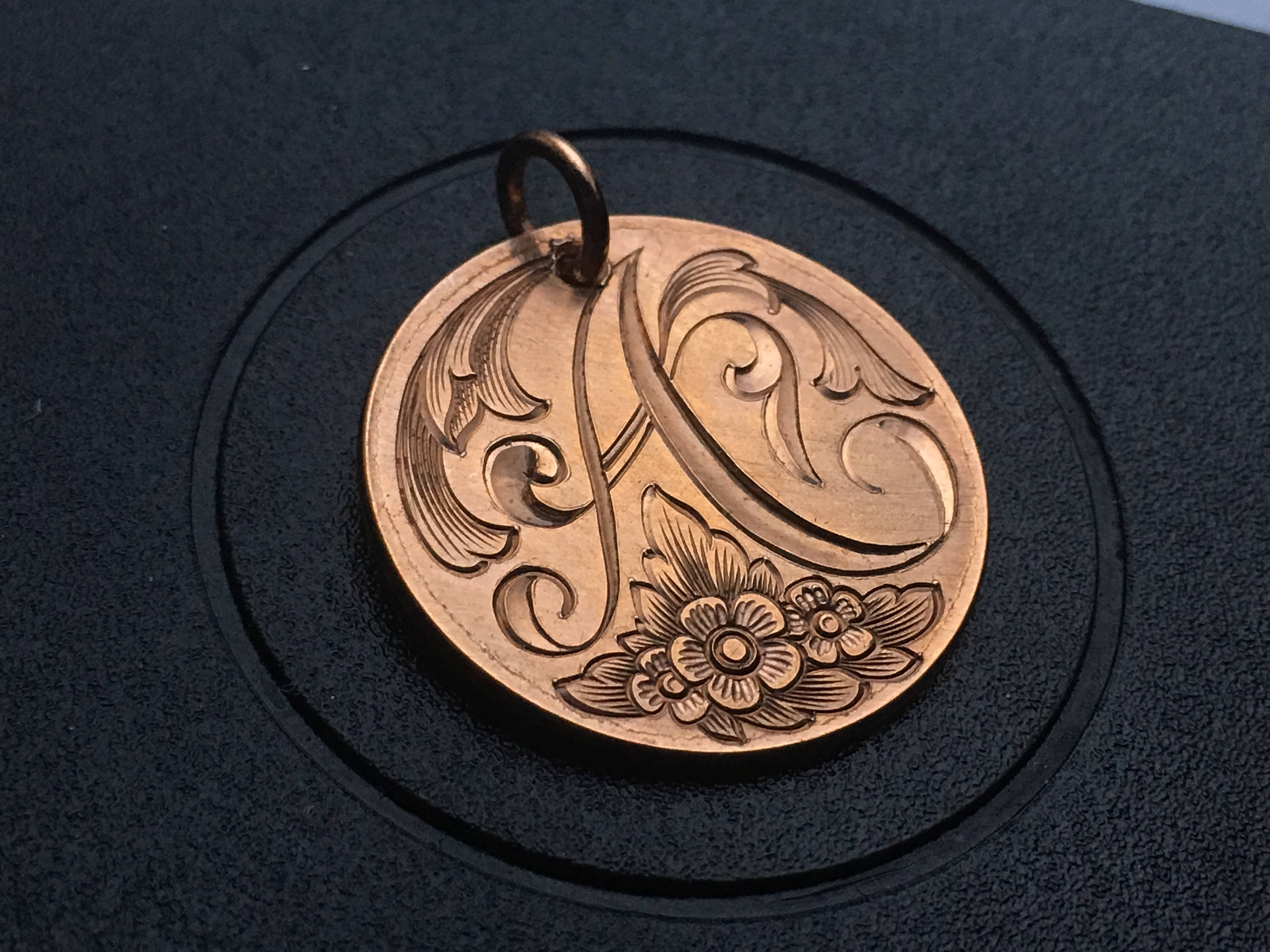 Hand Engraved a Initial Flowing Scroll and Flower Design Copper Pendant ...