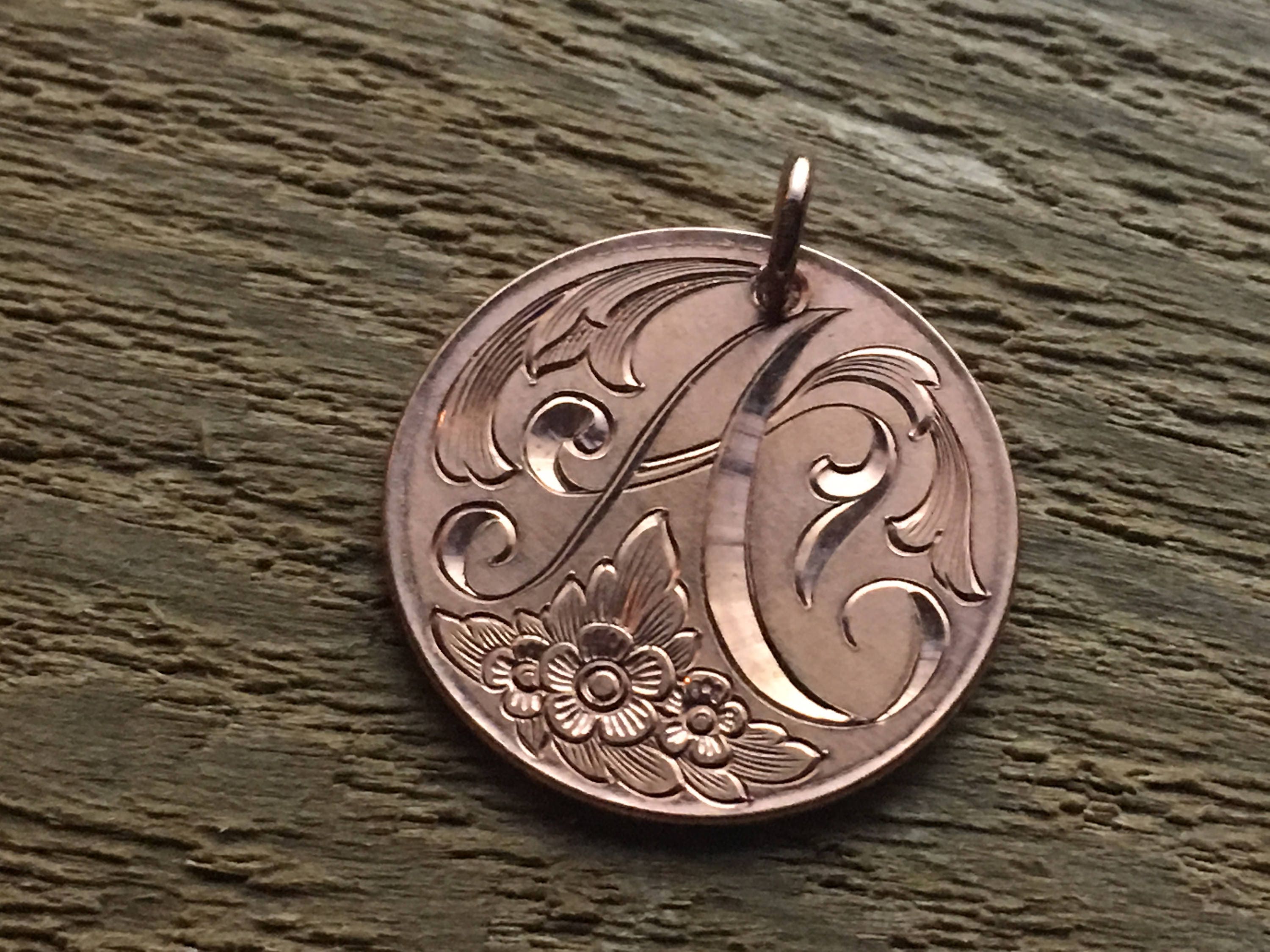 Hand Engraved a Initial Flowing Scroll and Flower Design Copper Pendant ...