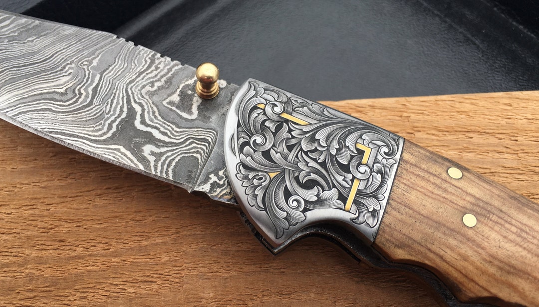 Hand Engraved 24 Karat Gold Inlayed Scroll Filigree Folding Hunter ...