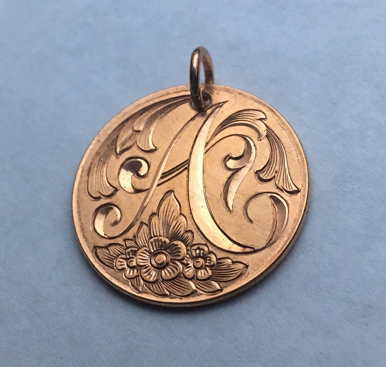 Hand Engraved a Initial Flowing Scroll and Flower Design Copper Pendant ...