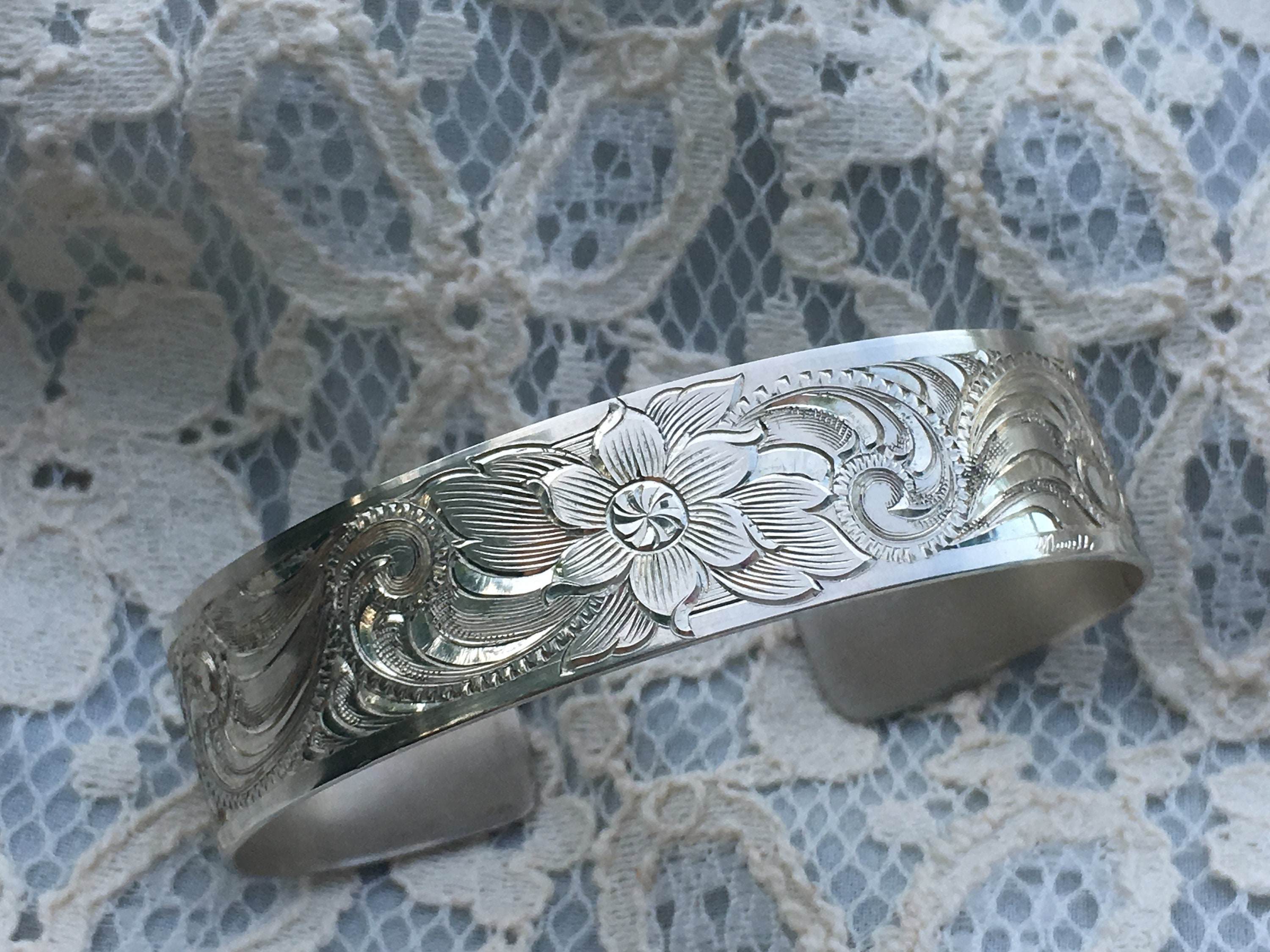 Hand Engraved "western Bright-cut" Sterling Silver Flower Cuff Bracelet ...