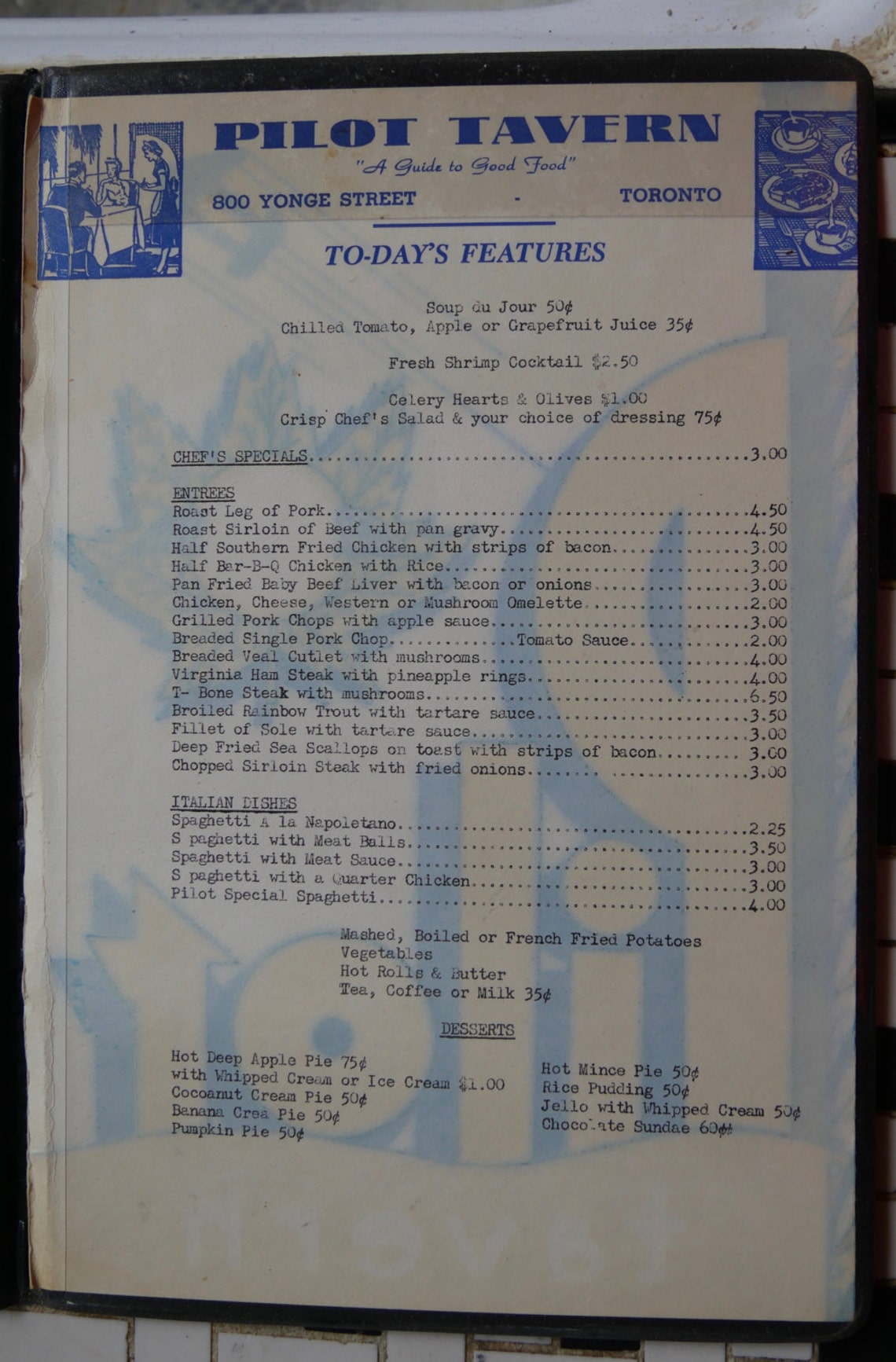 Pilot Tavern, Toronto, Vinyl Menu With Price Lists - Etsy Hong Kong