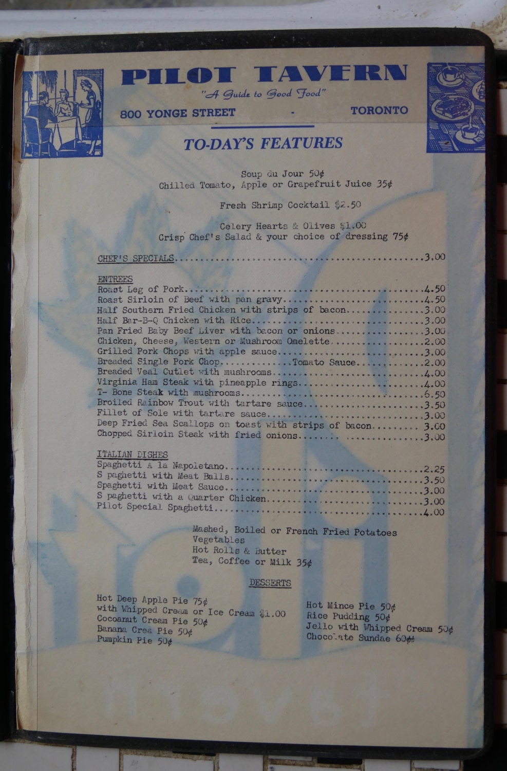 Pilot Tavern, Toronto, Vinyl Menu With Price Lists - Etsy Hong Kong