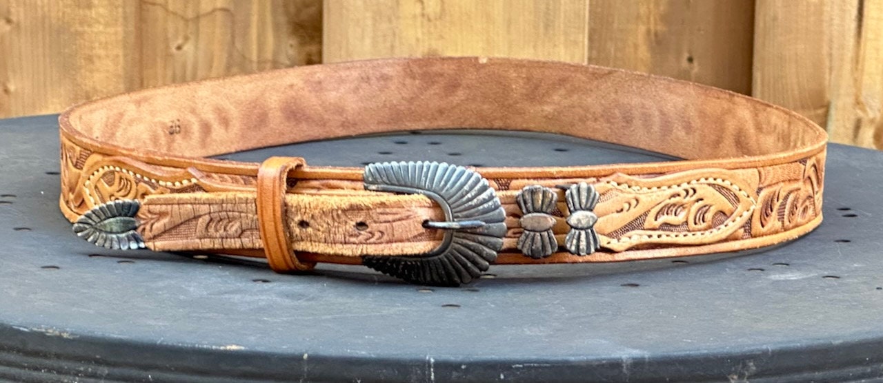 Tooled Leather Ranger Belt With Antique 4 Piece Southwestern Silver ...