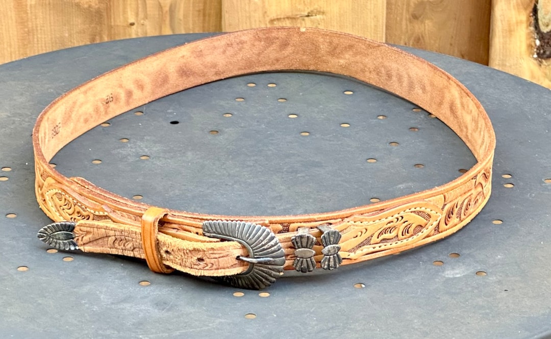 Tooled Leather Ranger Belt With Antique 4 Piece Southwestern Silver ...
