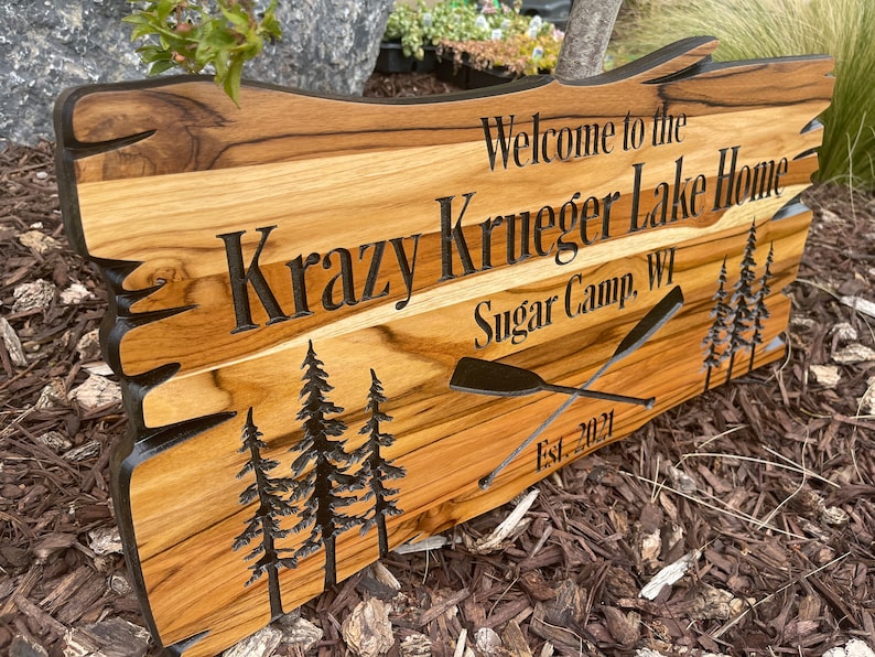 Custom Carved Wood Cabin Sign: Personalized Family Name, Trees & Oars ...