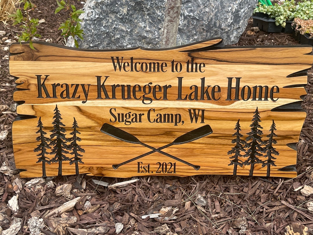 Custom Carved Wood Cabin Sign: Personalized Family Name, Trees & Oars ...
