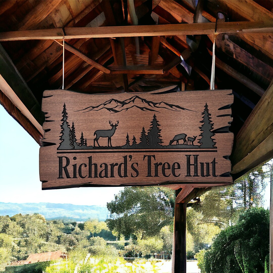 Custom Carved Wooden Cabin Sign: Deer, Trees, Family Name 209 - Etsy