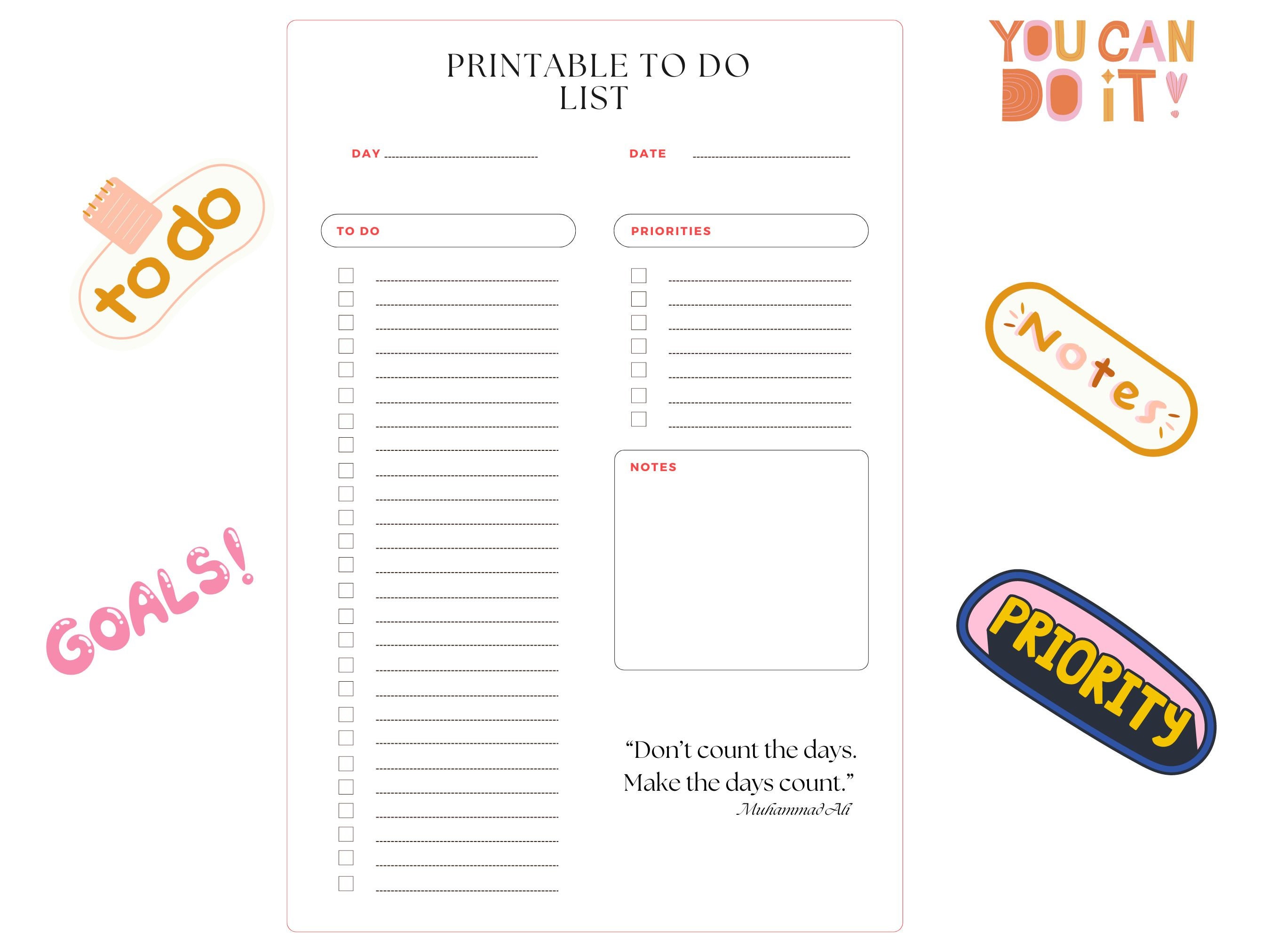 Printable to Do List in 7 Colors and Motivational Quotes, Daily Planner ...